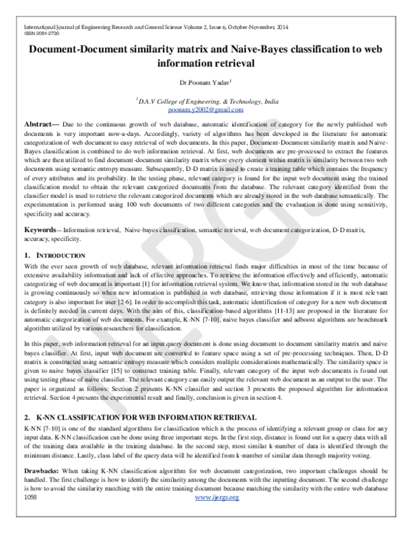 (PDF) Document-Document similarity matrix and Naive-Bayes classification | Poonam Yadav ...