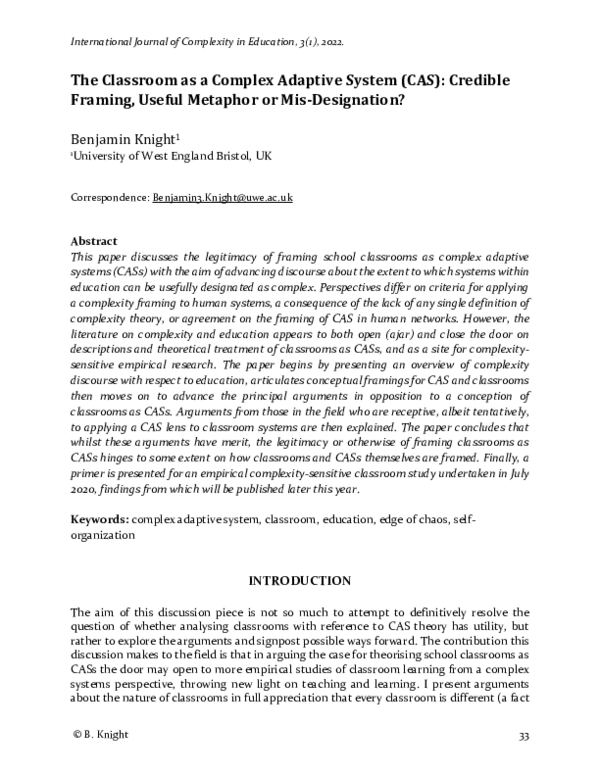 (PDF) The Classroom as a Complex Adaptive System (CAS): Credible ...