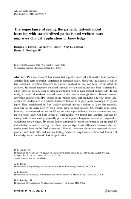 (PDF) The importance of seeing the patient: test-enhanced learning with ...