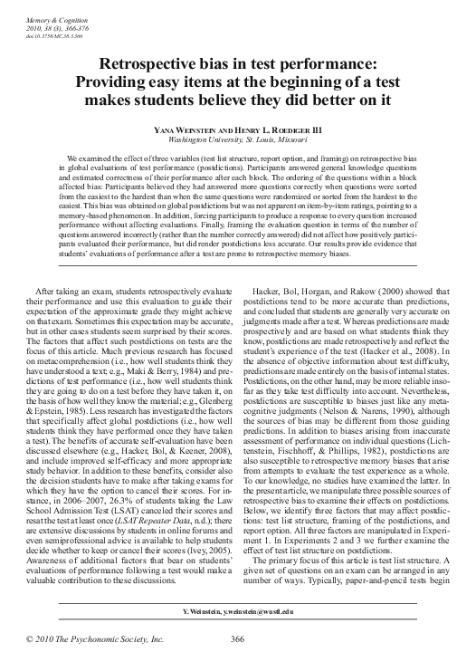 Retrospective bias in test performance: Providing easy items at the ...