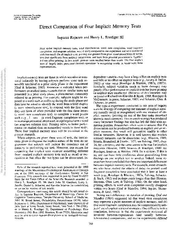 Pdf Direct Comparison Of Four Implicit Memory Tests Henry Roediger