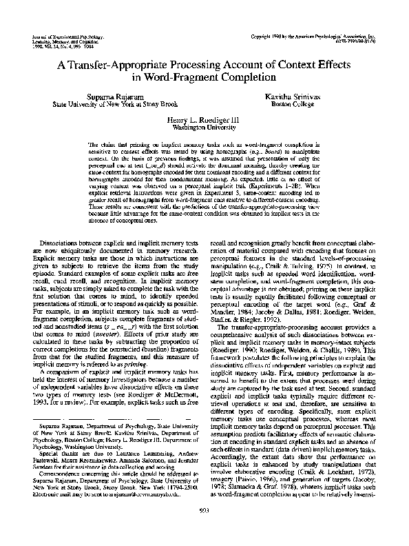 (PDF) A transfer-appropriate processing account of context effects in word-fragment completion
