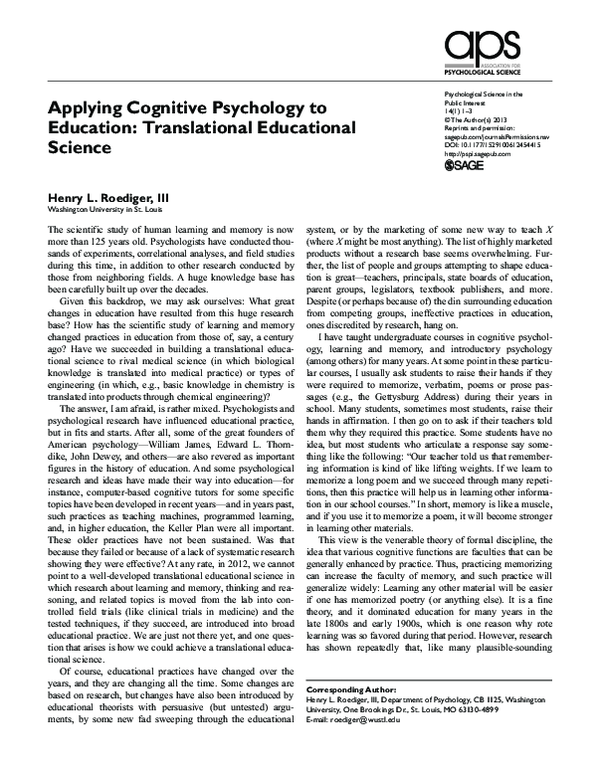 (PDF) Applying Cognitive Psychology to Education