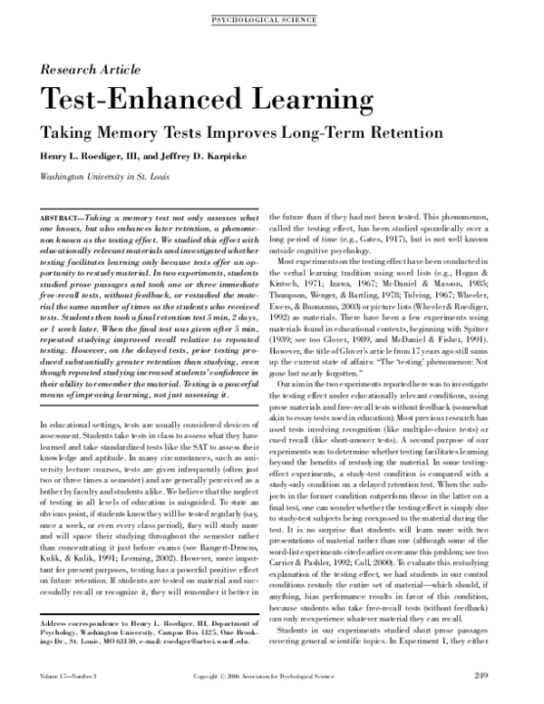 (PDF) Test-enhanced learning: taking memory tests improves long-term ...