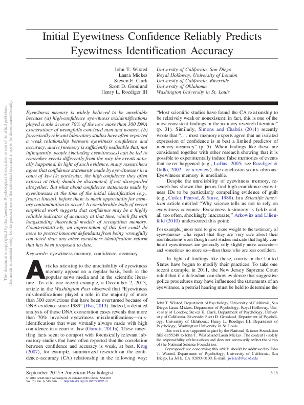 (PDF) Eyewitness Confidence and Identification Accuracy