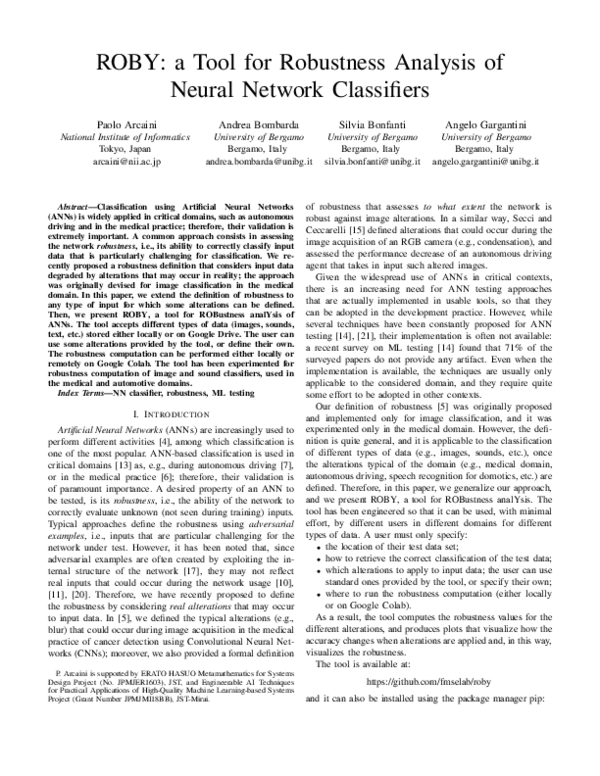 (PDF) ROBY: a Tool for Robustness Analysis of Neural Network Classifiers