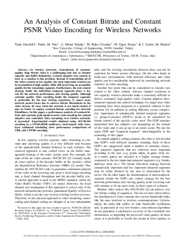 (PDF) An Analysis of Constant Bitrate and Constant PSNR Video Encoding for Wireless Networks