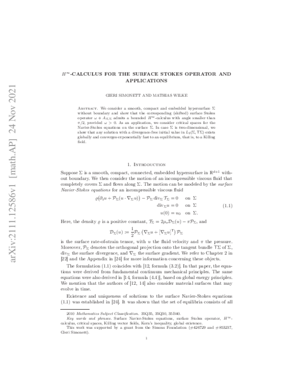 (PDF) $H^\infty$-calculus for the surface Stokes operator and applications