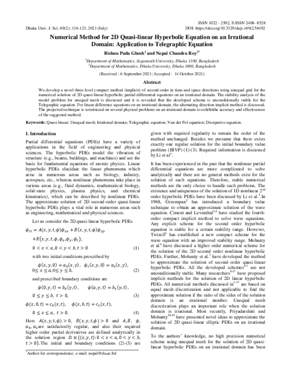 Pdf Numerical Method For 2d Quasi Linear Hyperbolic Equation On An