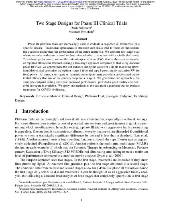 (PDF) Two Stage Designs for Phase III Clinical Trials