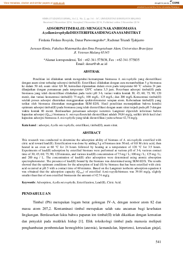(PDF) Adsorpsi Timbal(II) Menggunakan Biomassa Azolla Microphylla ...