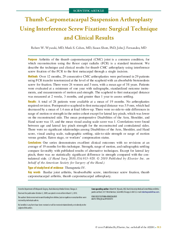(PDF) Thumb Carpometacarpal Suspension Arthroplasty Using Interference ...