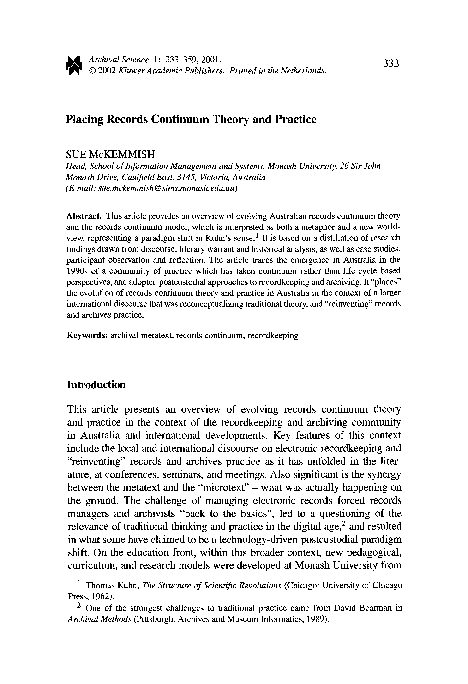 (PDF) Placing records continuum theory and practice