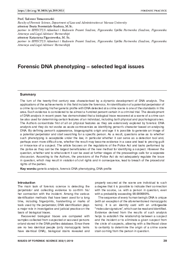 (PDF) Forensic DNA phenotyping - selected legal issues