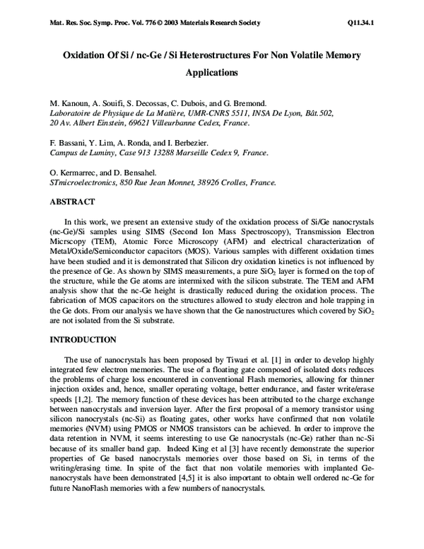 Pdf Oxidation Of Si Nc Ge Si Heterostructures For Non Volatile Memory Applications