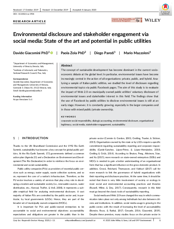 (PDF) Environmental disclosure and stakeholder engagement via social media: State of the art and ...