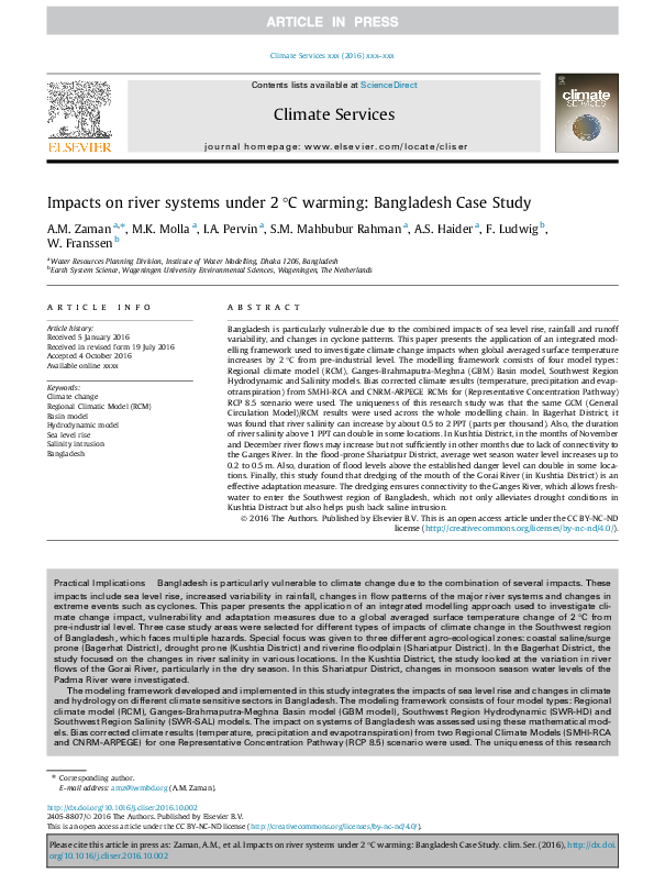 (PDF) Impacts on river systems under 2°C warming: Bangladesh Case Study