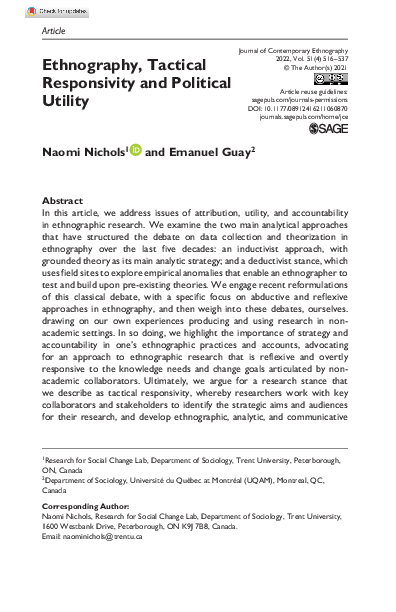 (PDF) Ethnography, Tactical Responsivity and Political Utility