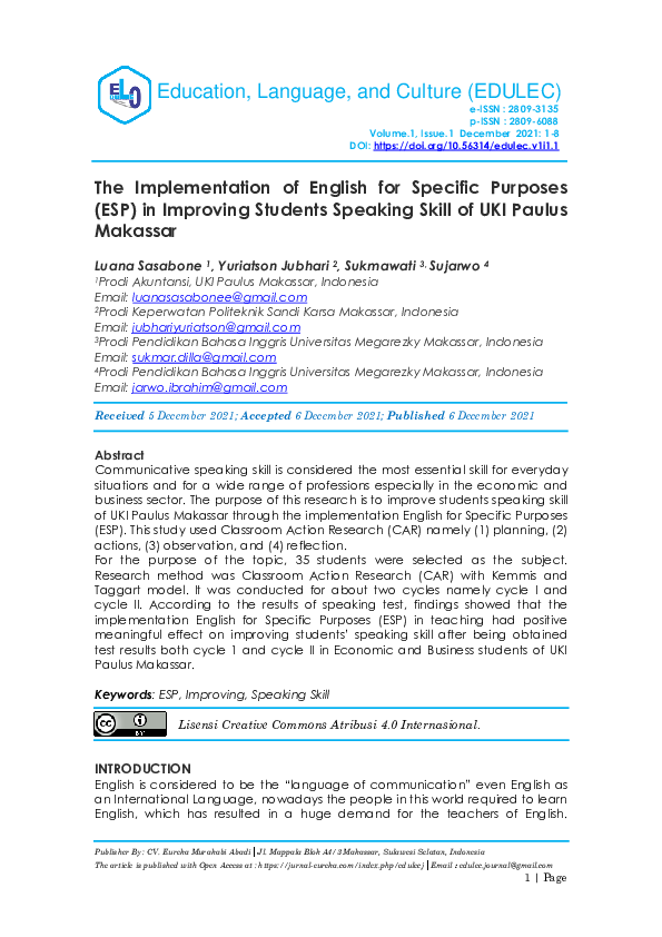 (PDF) The Implementation of English for Specific Purposes (ESP) in Improving Students Speaking ...