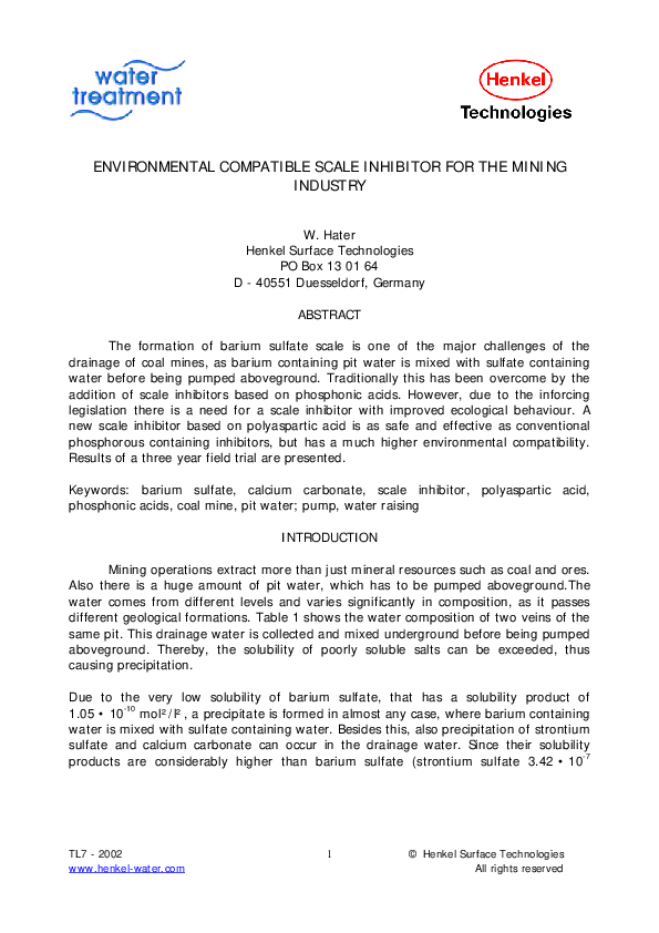 (PDF) Environmental Compatible Scale Inhibitor for the Mining Industry