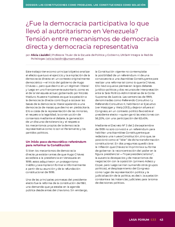 (PDF) ¿Fue la democracia participativa lo que llevó al autoritarismo en Venezuela? Tensión entre ...