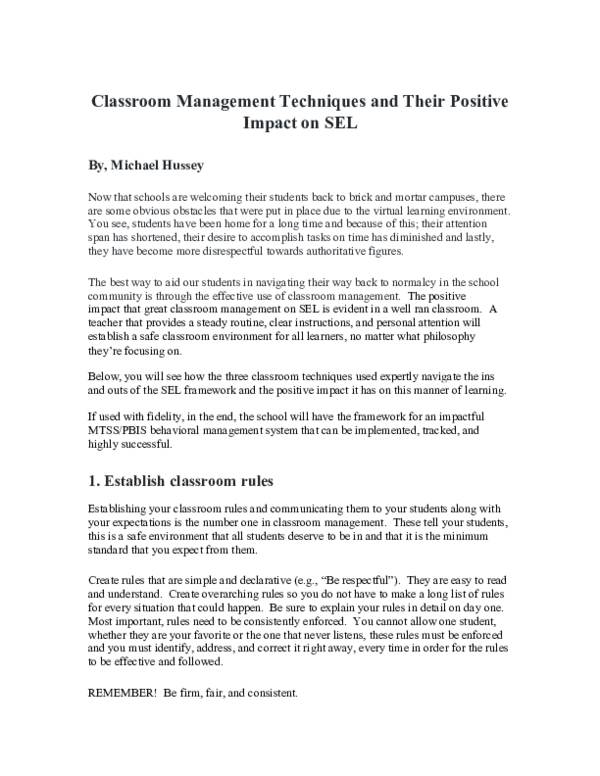(DOC) Classroom Management Techniques and Their Positive Impact on SEL