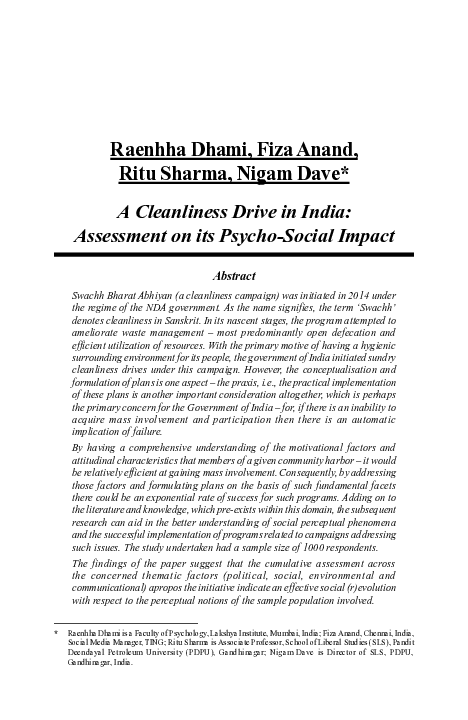 (PDF) A Cleanliness Drive in India: Assessment on its Psycho-Social Impact