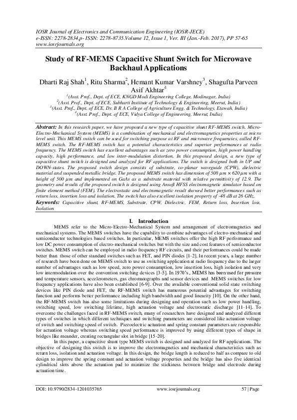 (PDF) Study of RF-MEMS Capacitive Shunt Switch for Microwave Backhaul Applications