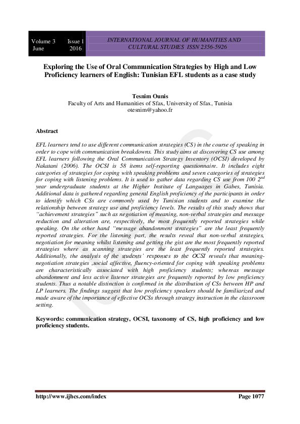 (PDF) Exploring the Use of Oral Communication Strategies by High and Low Proficiency learners of ...