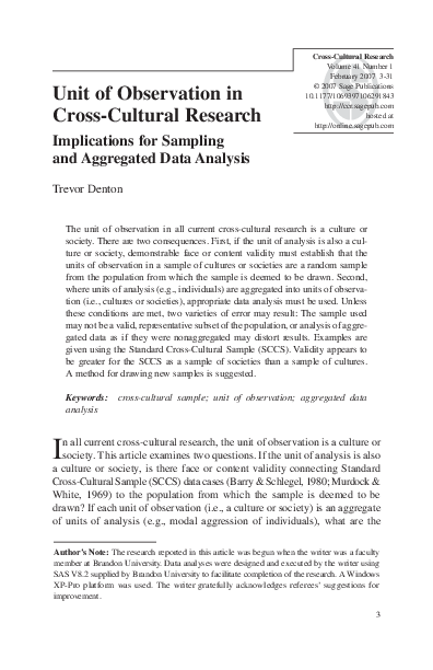 (PDF) Unit of Observation in Cross-Cultural Research: Implications for ...