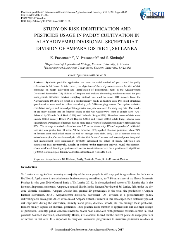 (PDF) Study on Risk Identification and Pesticide Usage in Paddy Cultivation in Alayadivembu ...