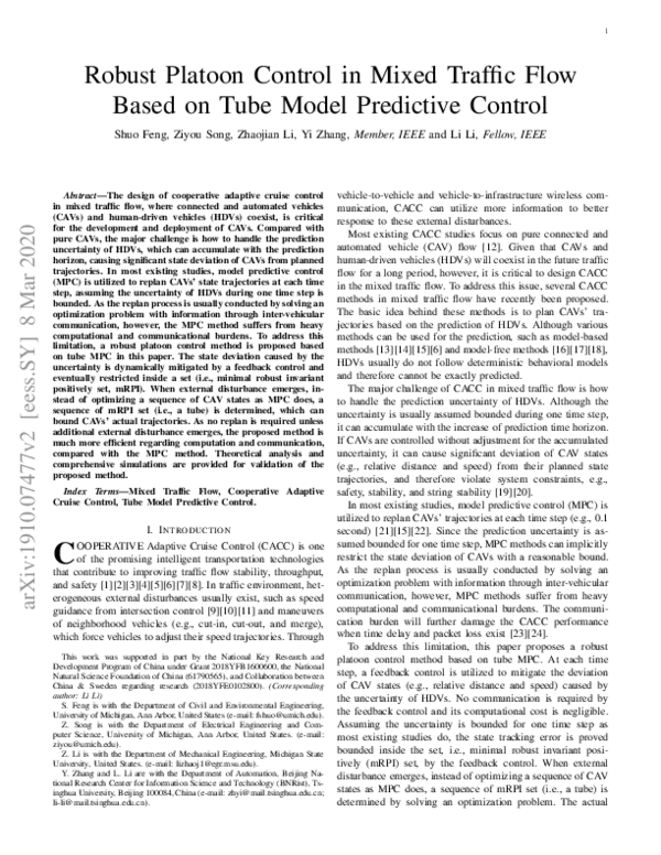 (PDF) Robust Platoon Control in Mixed Traffic Flow Based on Tube Model Predictive Control