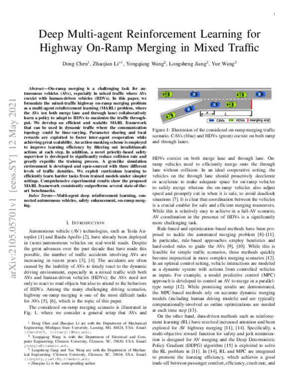 (PDF) Deep Multi-agent Reinforcement Learning for Highway On-Ramp Merging in Mixed Traffic