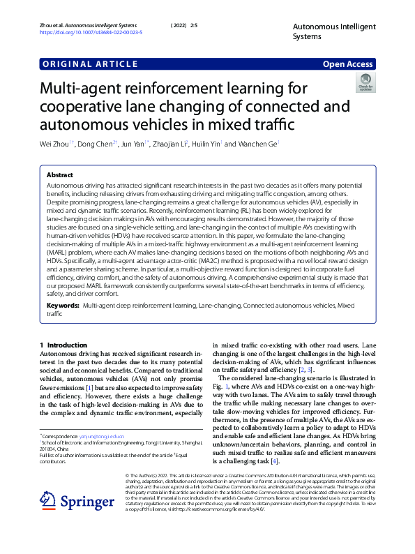 (PDF) Multi-agent reinforcement learning for cooperative lane changing ...