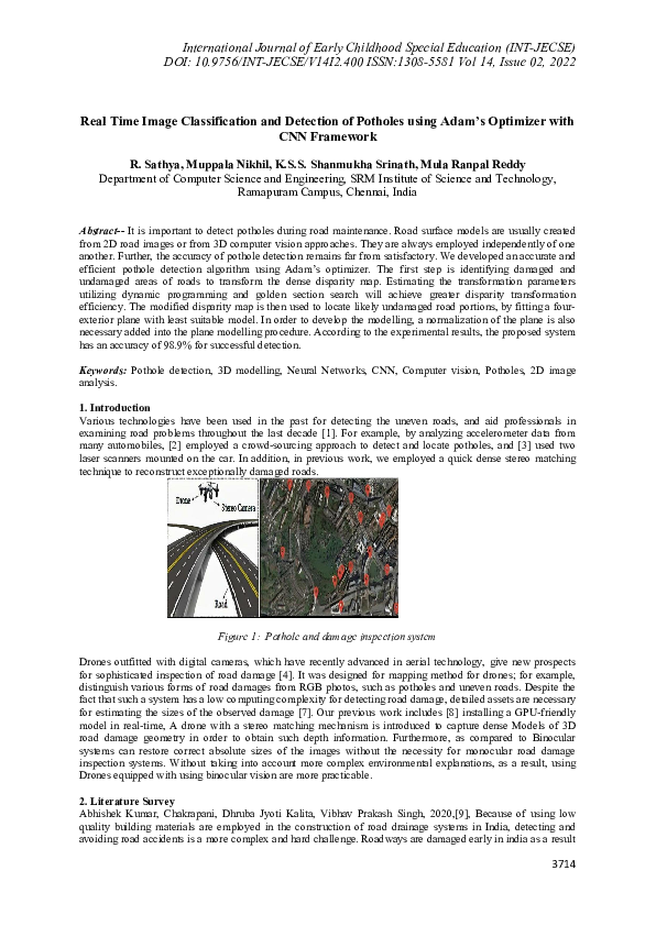 Pdf Real Time Image Classification And Detection Of Potholes Using Adams Optimizer With Cnn