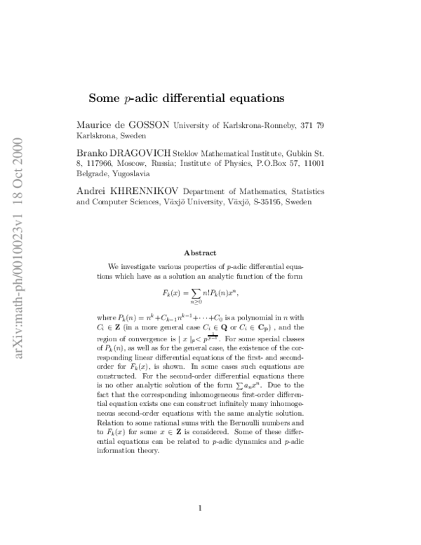 Pdf Some P Adic Differential Equations Maurice De Gosson