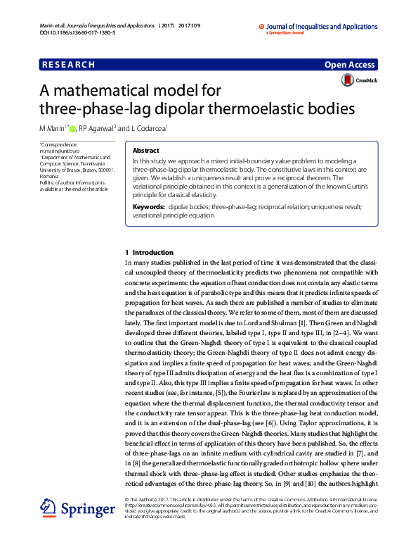 Pdf Three Phase Lag Model For Dipolar Thermoelasticity