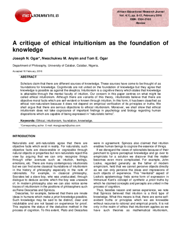 (PDF) A Critique of Ethical Intuitionism as the Foundation of Knowledge