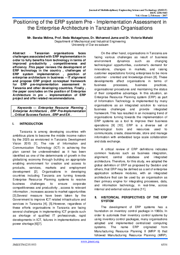 (PDF) Positioning of the ERP system Pre-Implementation Assessment in ...