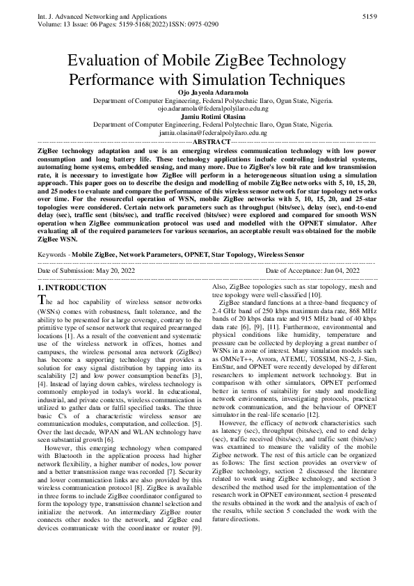 (PDF) Evaluation Of Mobile ZigBee Technology Performance With Simulation Techniques