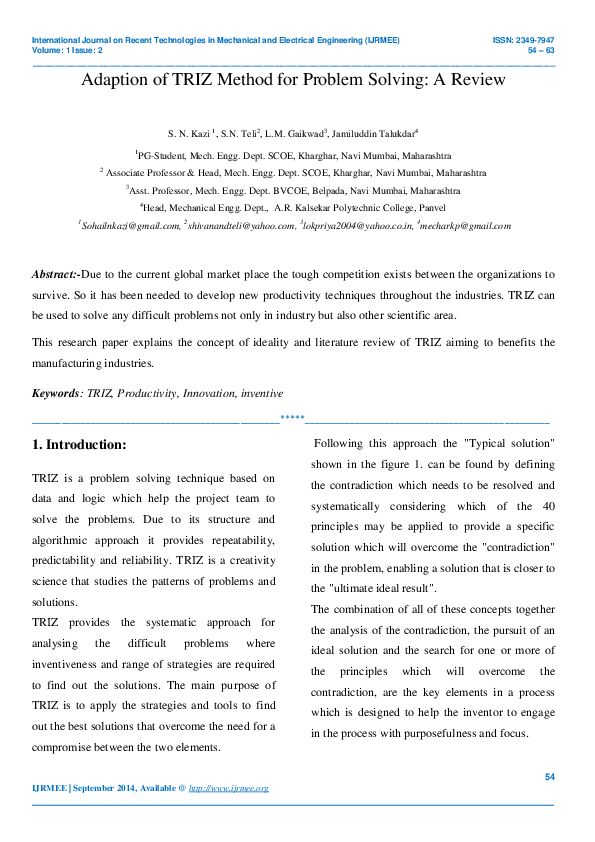 (PDF) Adaption of TRIZ Method for Problem Solving : A Review