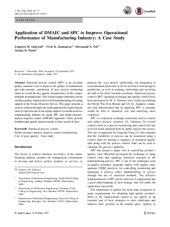 (PDF) Application of DMAIC and SPC to Improve Operational Performance ...