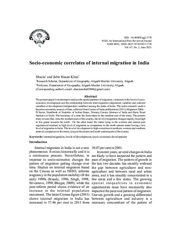 (PDF) Socio-economic correlates of internal migration in India