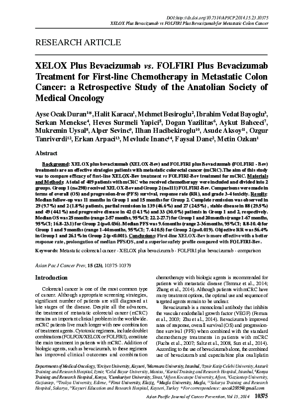 (PDF) XELOX Plus Bevacizumab vs. FOLFIRI Plus Bevacizumab Treatment for First-line Chemotherapy ...
