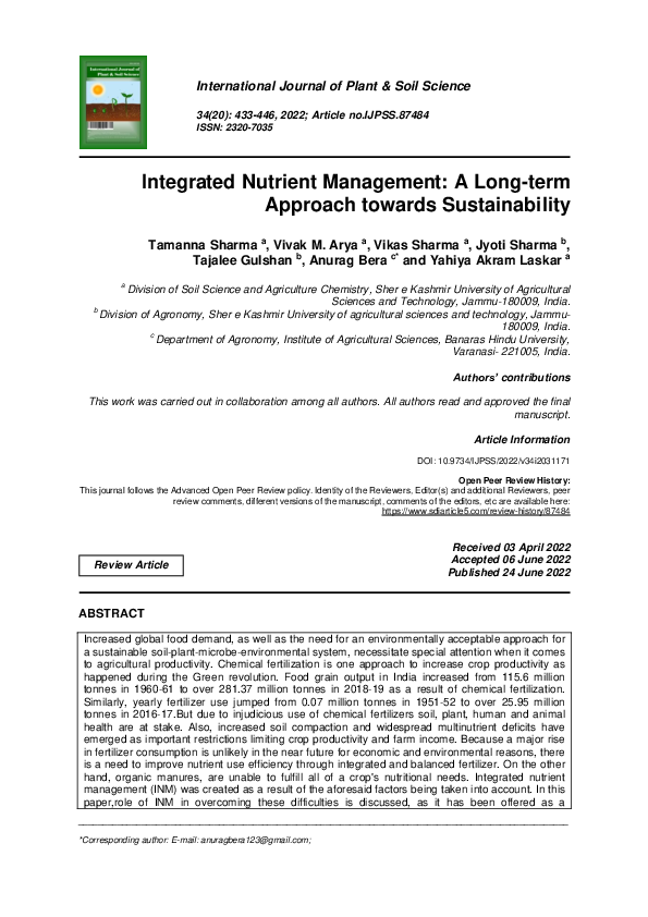 (PDF) Integrated Nutrient Management: A Long-term Approach towards Sustainability