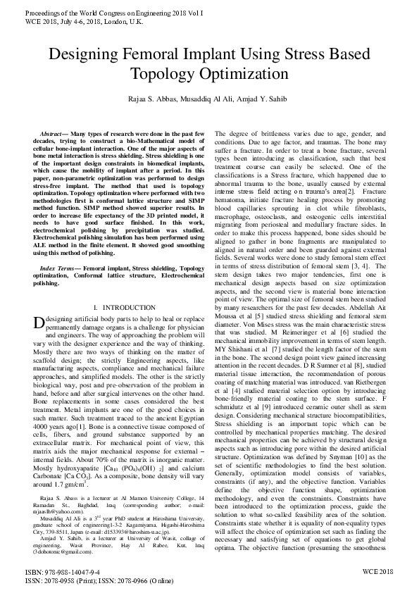 Pdf Designing Femoral Implant Using Stress Based Topology Optimization Musaddiq Al Ali And