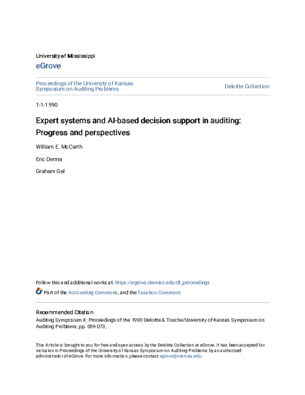 (PDF) Expert Systems and AI-based Decision Support in Auditing: Progress and Perspectives