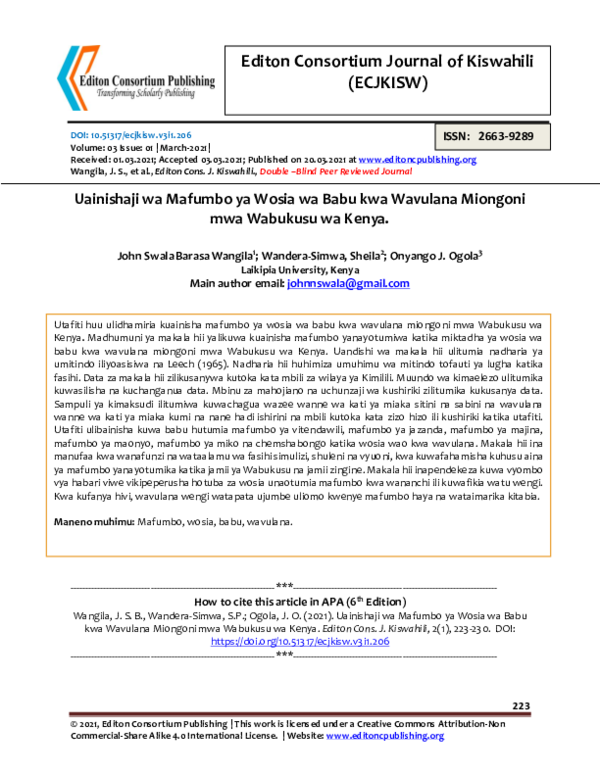 (PDF) Uainishaji wa Mafumbo ya Wosia wa Babu kwa Wavulana Miongoni mwa ...