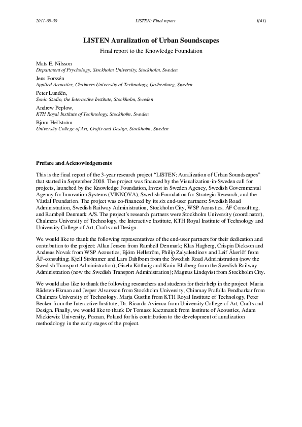 (PDF) LISTEN – Auralization of Urban Soundscapes. Final report to the ...