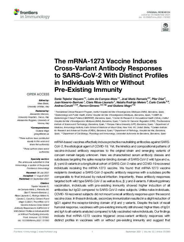 (PDF) The mRNA-1273 Vaccine Induces Cross-Variant Antibody Responses to ...